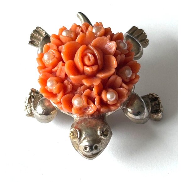 unmarked | Other | Vintage Turtle Brooch Seed Bead Pearls Carved Coral ...